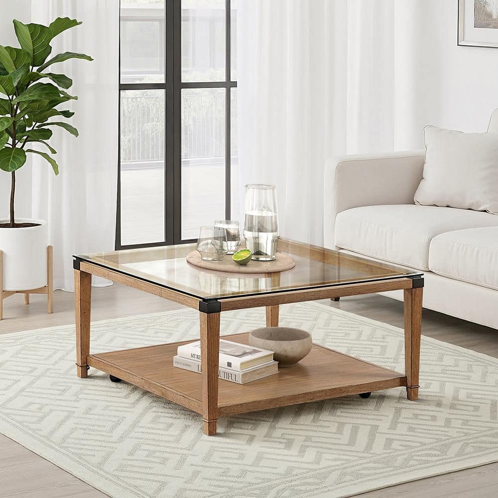 Lazzara Shaffner 36 in. Brown Finish Wood Clear Tempered Glass Tabletop ...