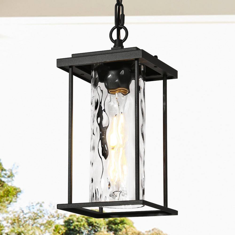 LNC 14.2 in. Modern Black 1-Light Outdoor Pendant Light with Wavy Glass ...