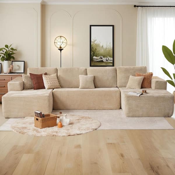 Allwex VF 133 in. Wide Arm 4-Piece Modern Plush Corduroy U-Shape ...