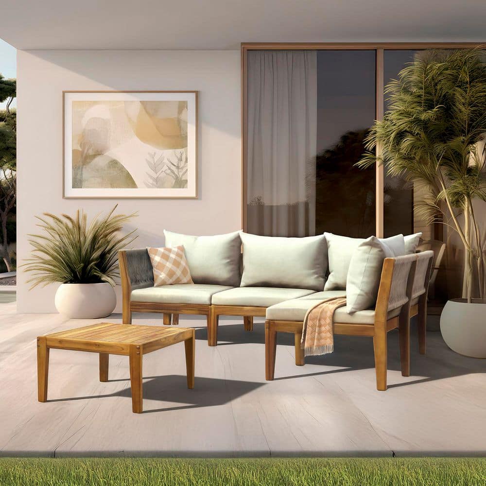 Kinger Home 4-Piece Acacia Wood Deep Seating Rope Style Outdoor Patio ...