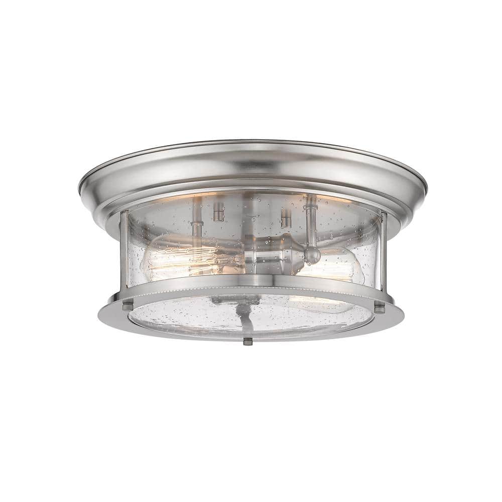 14 in. 2-Light Brushed Nickel Flush Mount with Clear Seedy Shade 727F13 ...