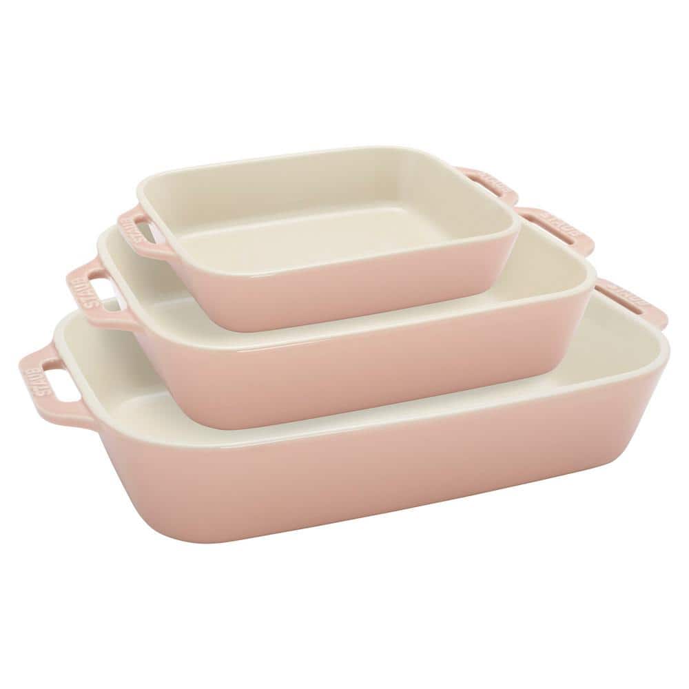 staub Ceramic 3-Piece Rectangular Baking Dish Set-Macaron Pastel Pink ...