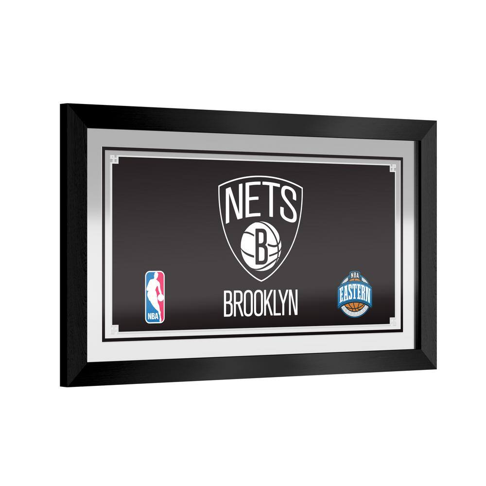Brooklyn Nets Logo 26 in. W x 15 in. H Wood Black Framed Mirror NBA9BN ...