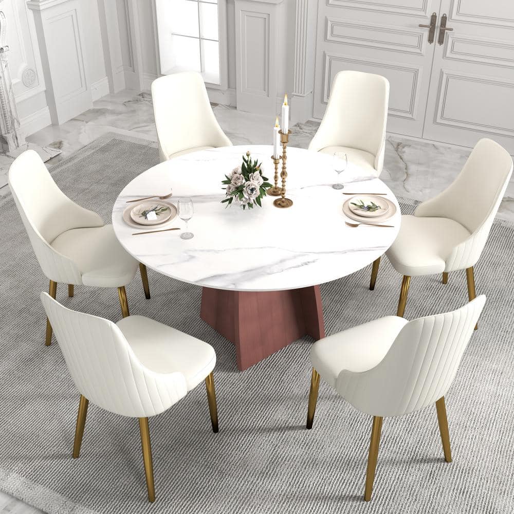 Magic Home 53.15 in. White Sintered Round Stone Tabletop Copper Pedestal Base Kitchen Dining Table Seats 6 W543 21A0106 60 The Home Depot