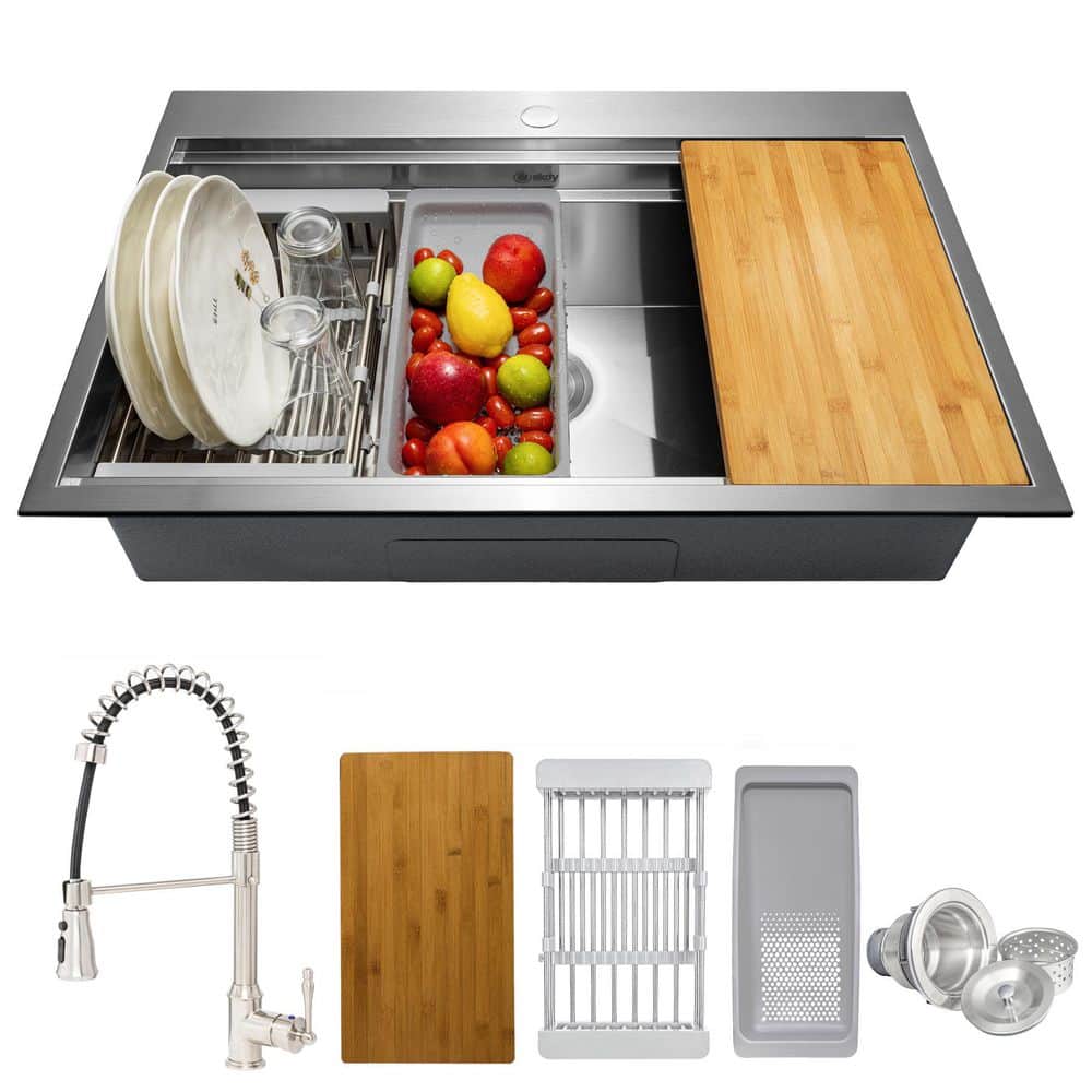 AKDY Handmade All-in-One Drop-in Stainless Steel 30 in. x 22 in. Single ...