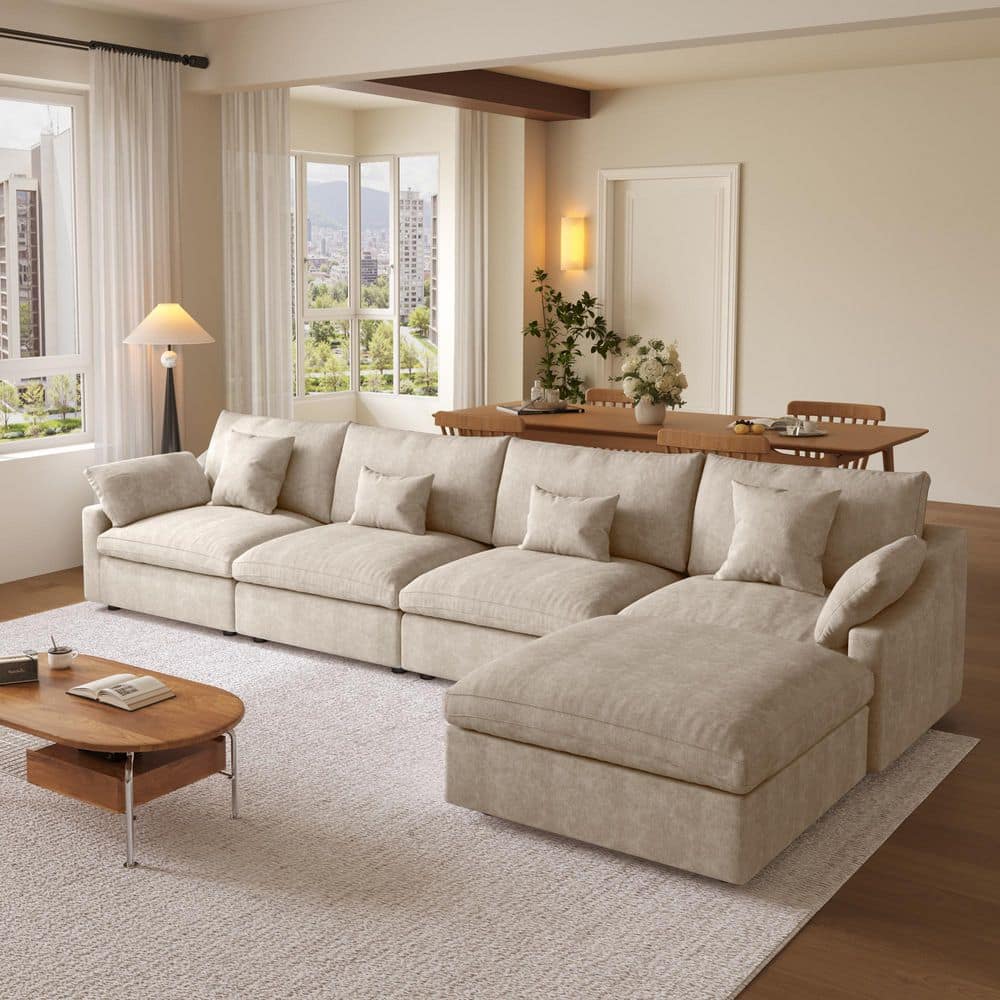 J&E Home 5-Piece Brown Linen Modular Sectional Sofa Free Combination ...