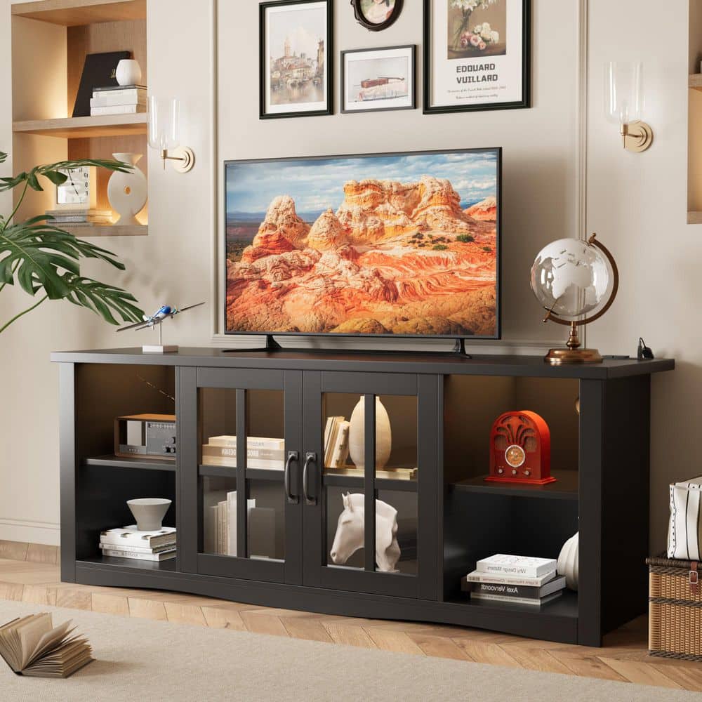 LACOO 58 in. Black TV stand Fits TVs up to 75 in. Entertainment Center ...