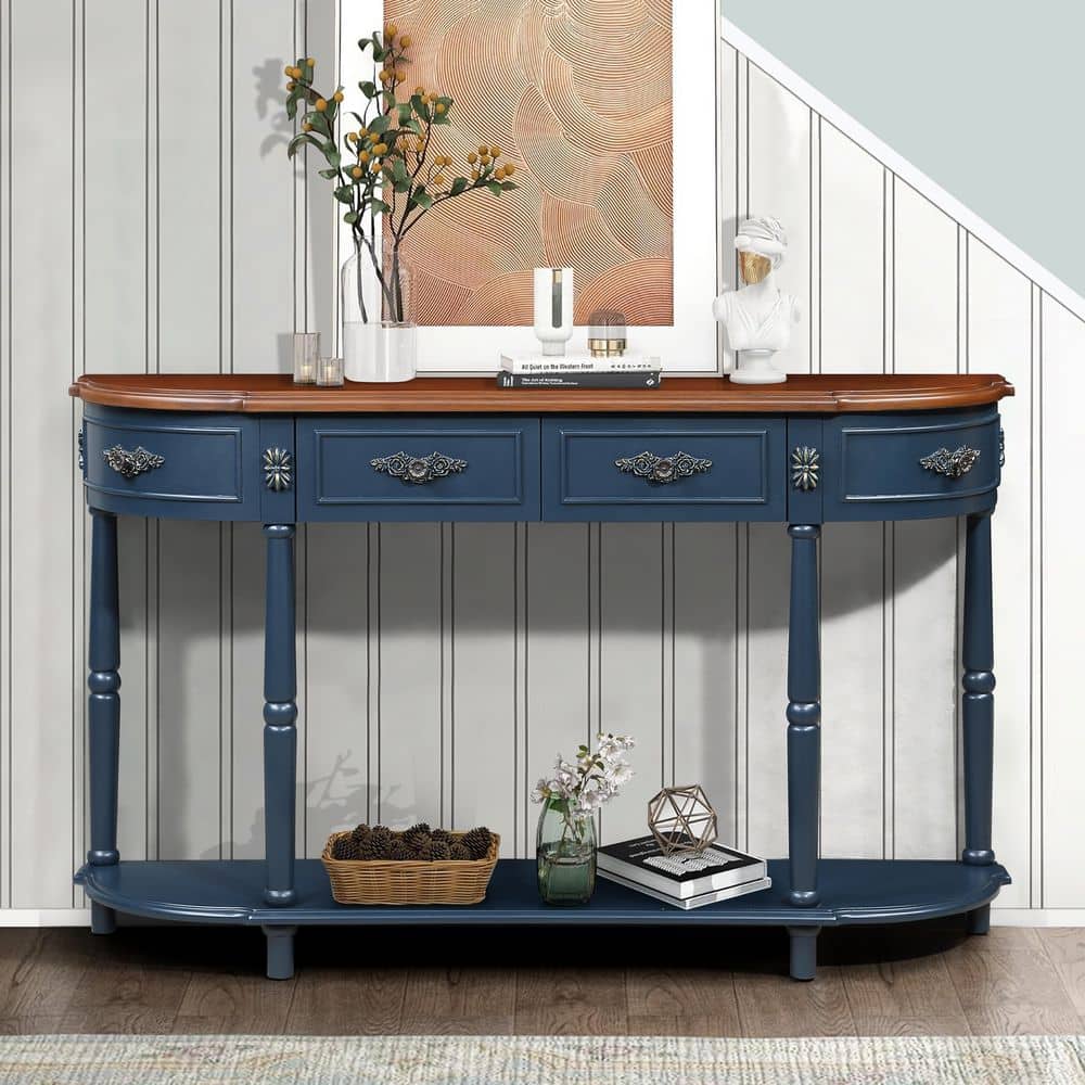 Noble House Ernestine 52 in. Navy Blue and Brown Half-Moon Wood Console ...