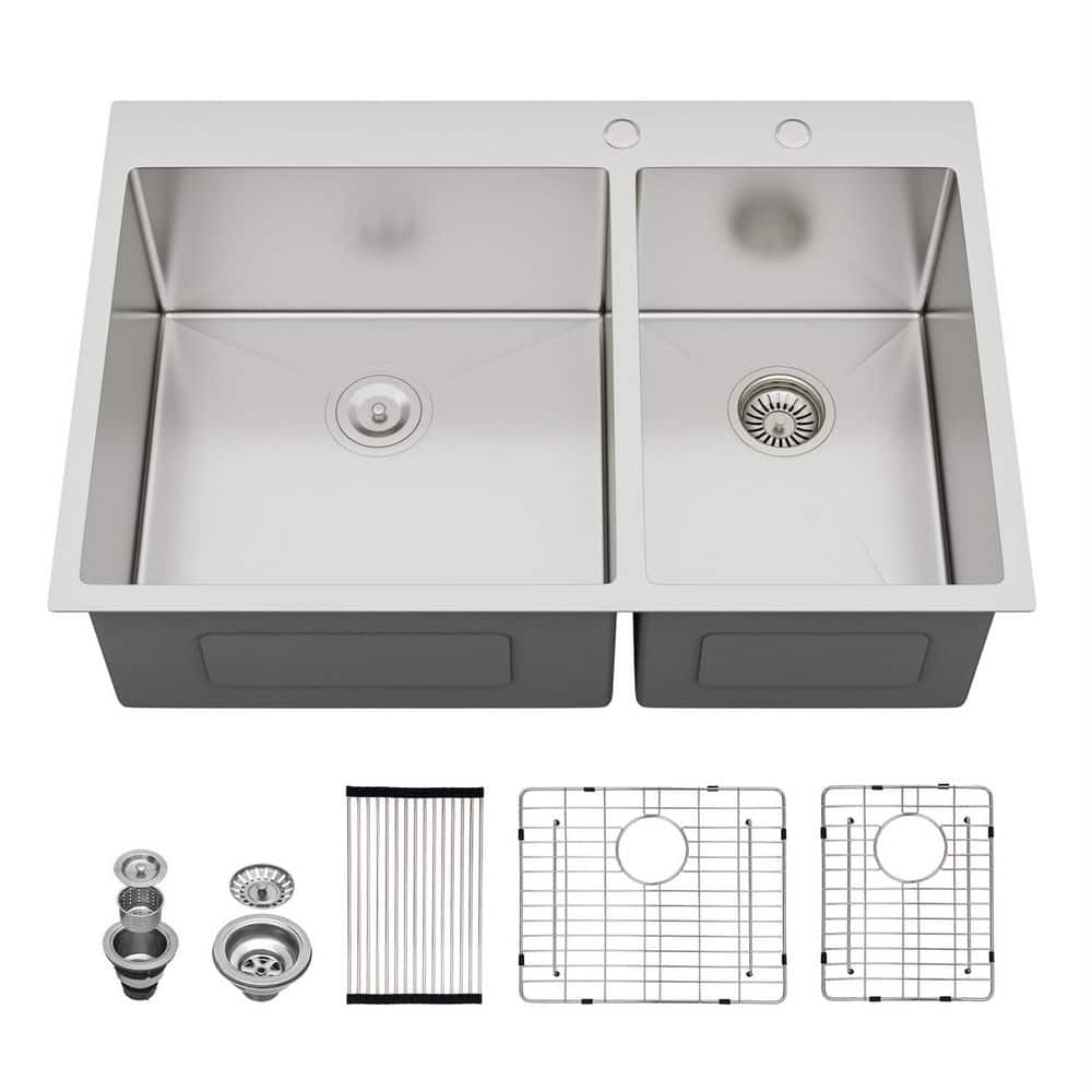LuckByte 16-Gauge Stainless Steel 33 in. Double Bowl Drop-In Kitchen ...
