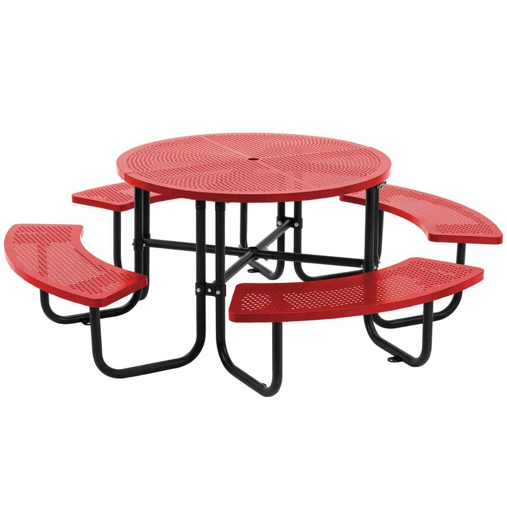 46 in. Red Round Outdoor Steel Picnic Table Seats 8 People with Umbrella Hole