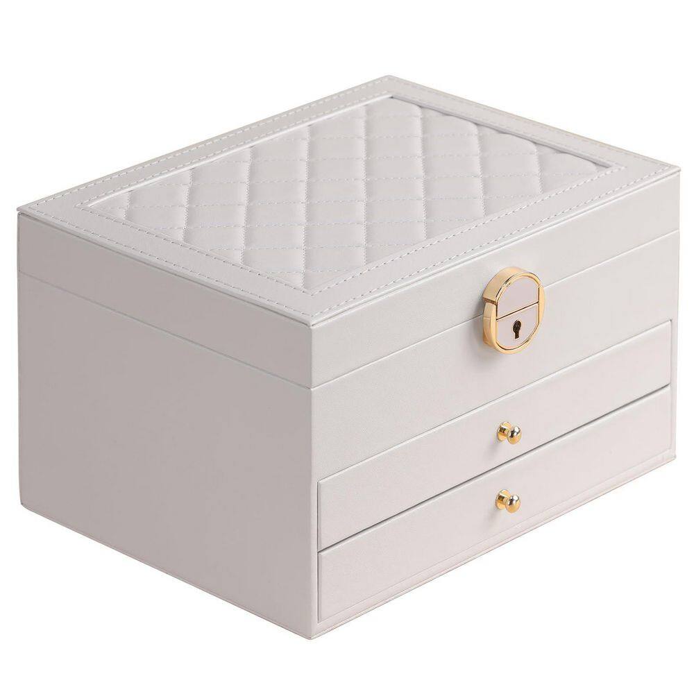 White Rectangular 3 Layers Faux Leather Jewelry Box with 2 Drawers ...