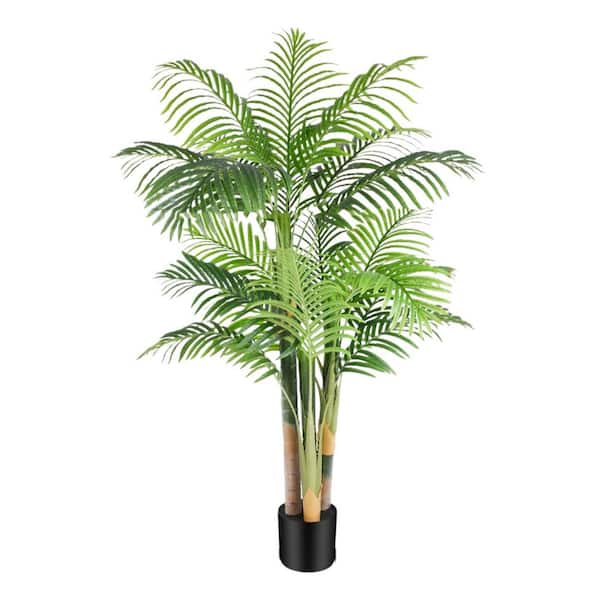 5ft. Artificial Triple Golden Cane Palm Tree in Black Pot-UV Resistant ...