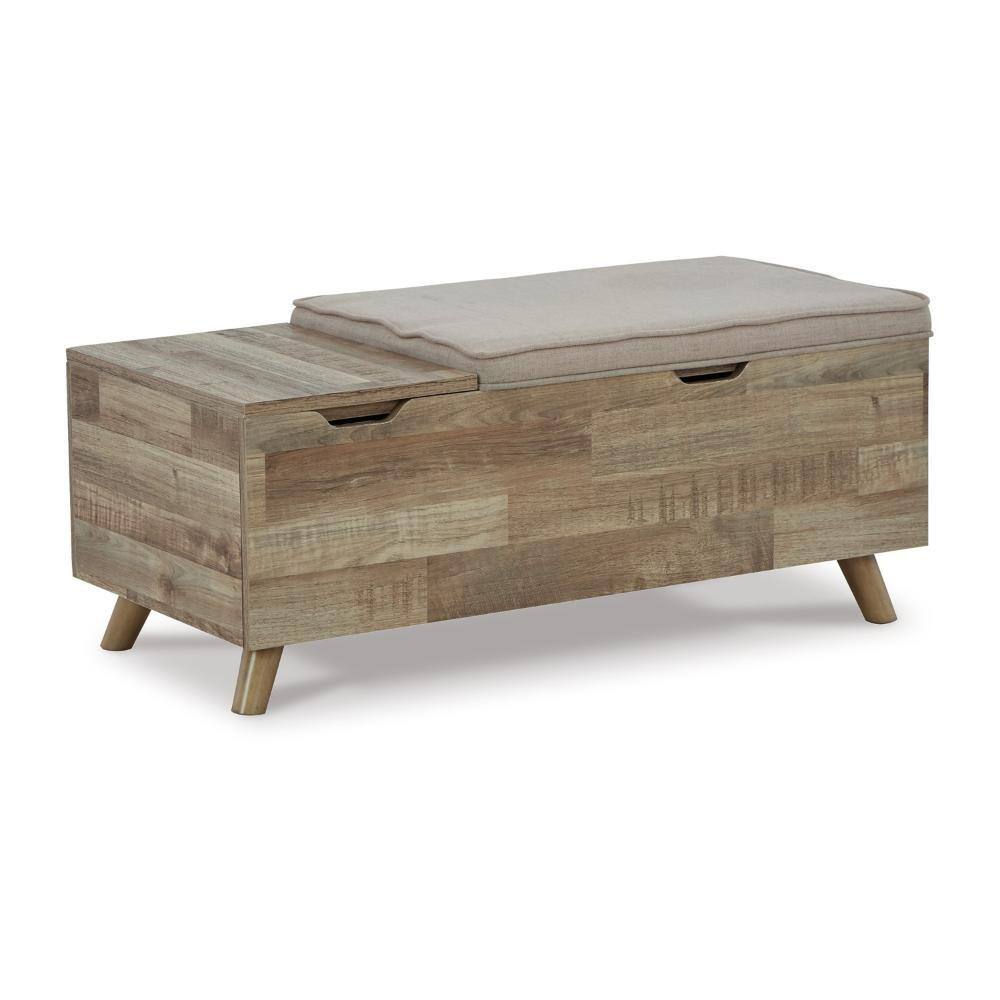 Benjara Gimi Brown Wood Backless Storage Dining Table Bench with Beige ...