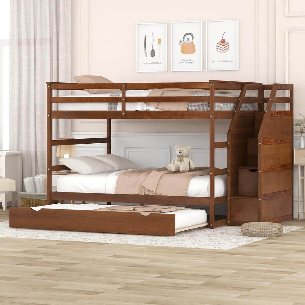 Polibi Walnut Full-Over-Full Bunk Bed with Twin Size Trundle and 3 ...