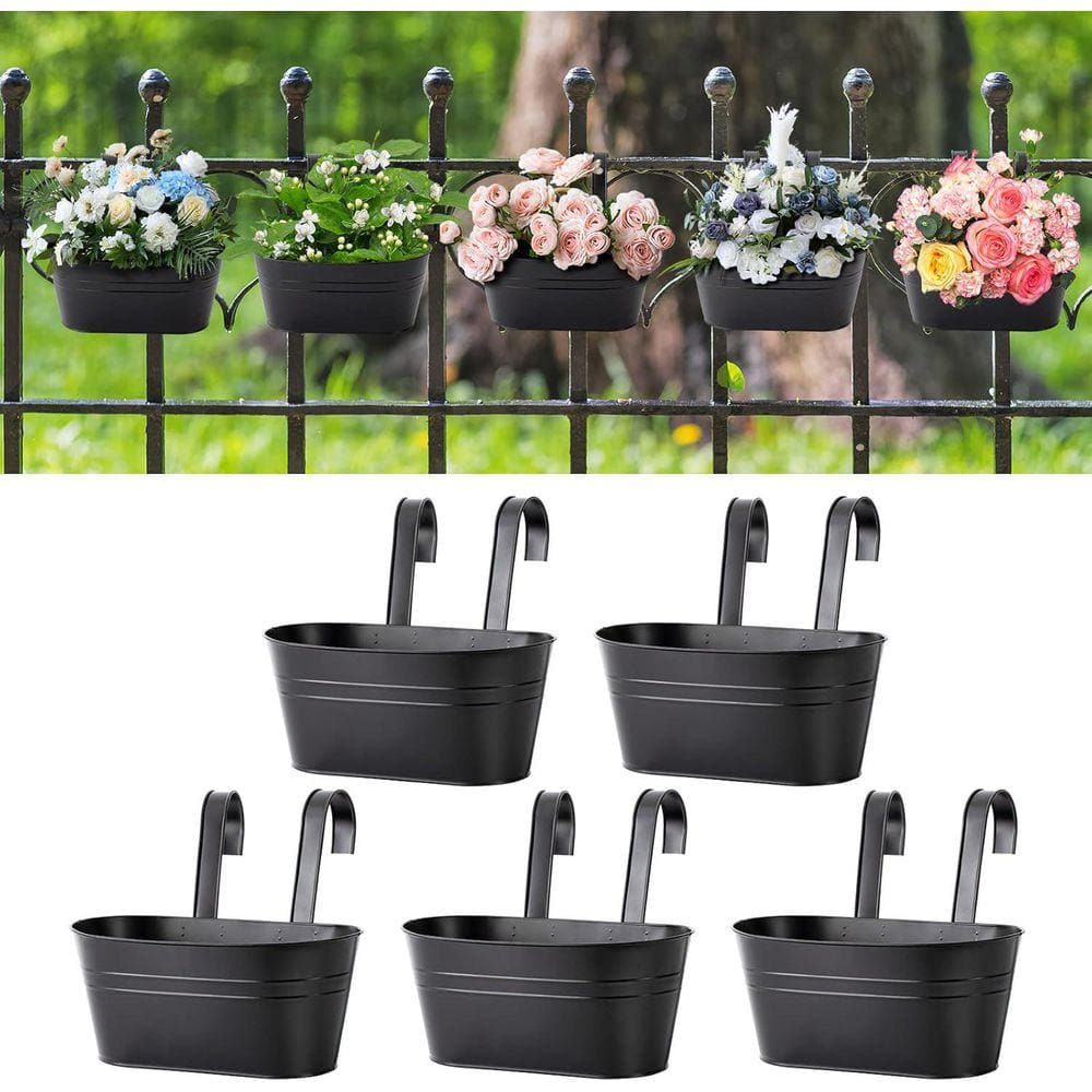 Primehome Black Iron Metal Hanging Planters 11 in. Outdoor Railing ...