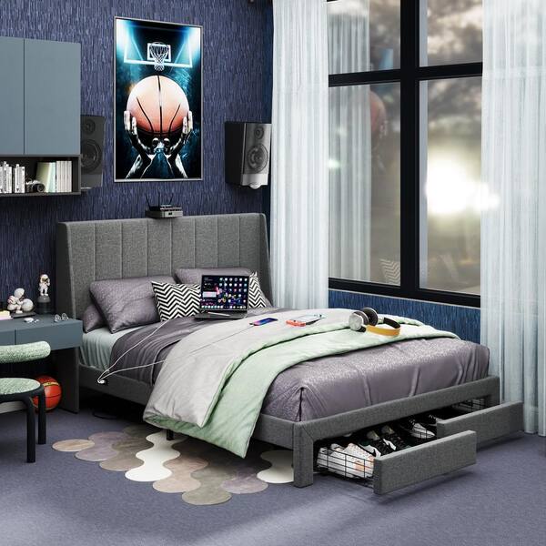 Homy Casa SUMMIT Queen Gray Upholstered Platform Bed with Wingback ...