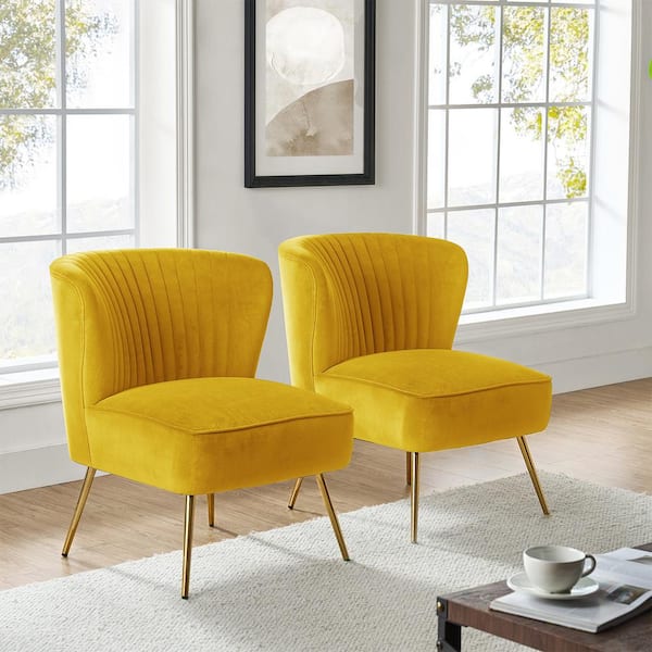 JAYDEN CREATION Monica Modern Yellow Velvet Comfy Living Room Side Chair with Golden Metal Legs Set of 2 CHMJM002 YELLOW S2 The Home Depot