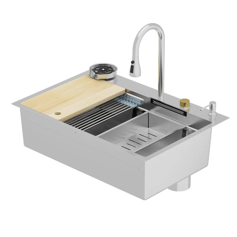 FUFU&GAGA 33.2 in. Drop-in Single Bowl Silver 304 Stainless Steel ...