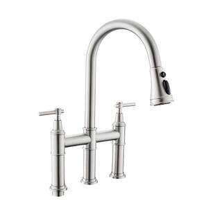ALEASHA Double Handle Bridge Kitchen Faucet with Pull Down Sprayer in ...