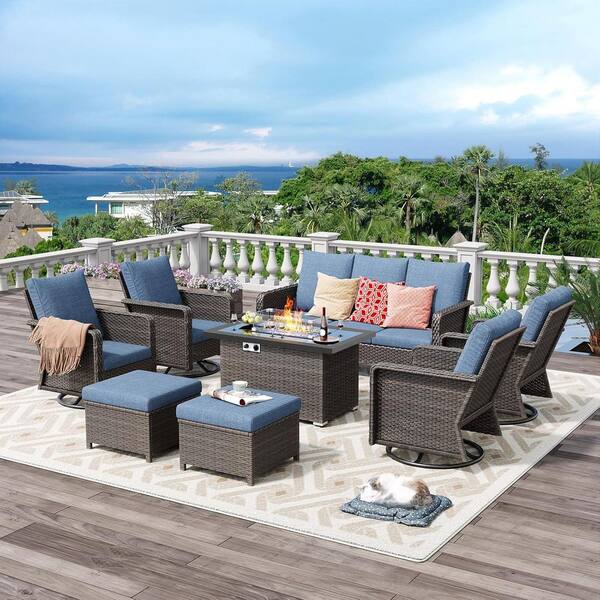 Brafab 8-Piece Outdoor Patio Set with 44 in. Gas Fire Pit Table, PE ...