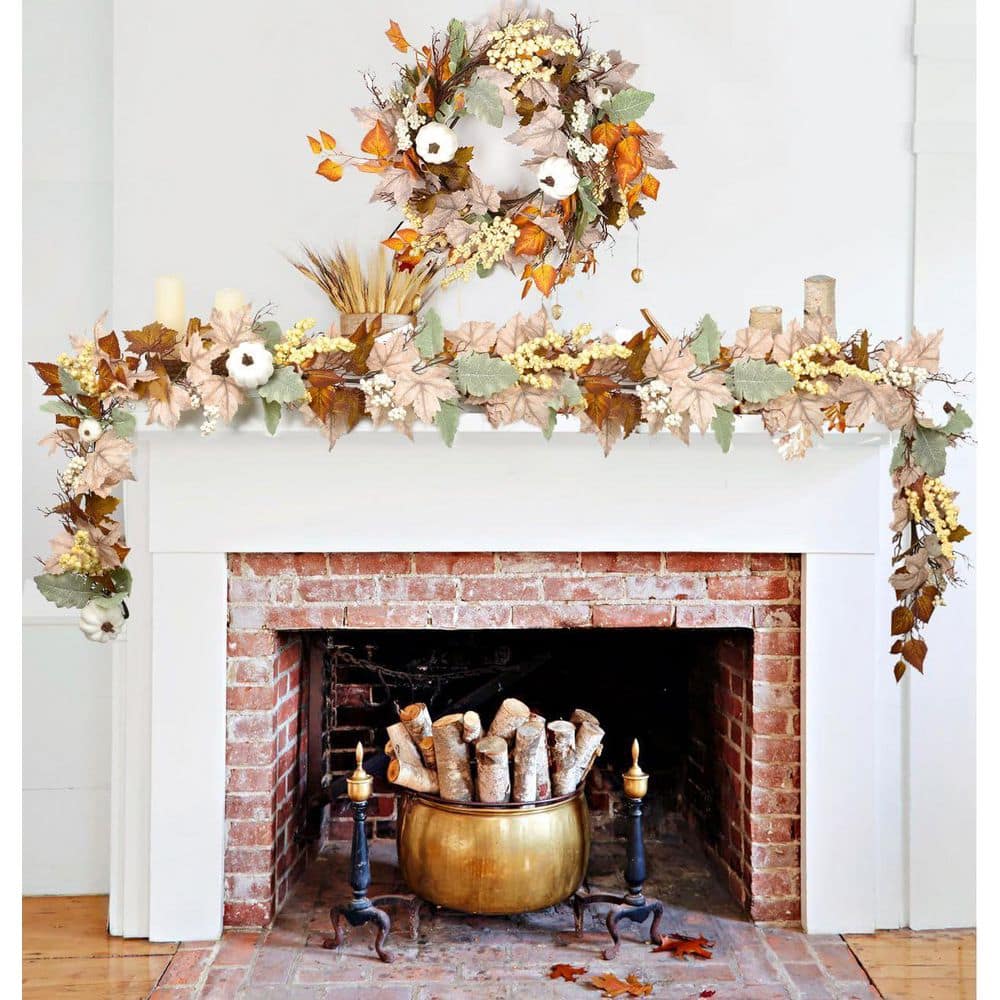 5.9 ft. White Maple Leaf Fall Garland with Pumpkins and Berries - for ...