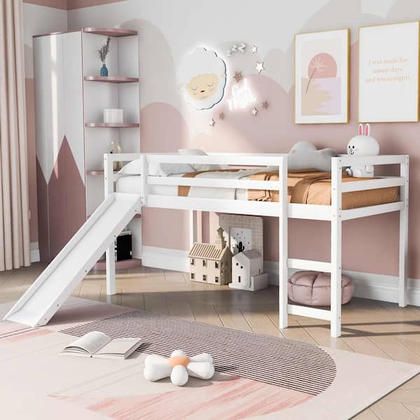 Polibi White Twin Size Wood Loft Bed with Slide, Multifunctional Design RD14-20428AAK - The Home ...