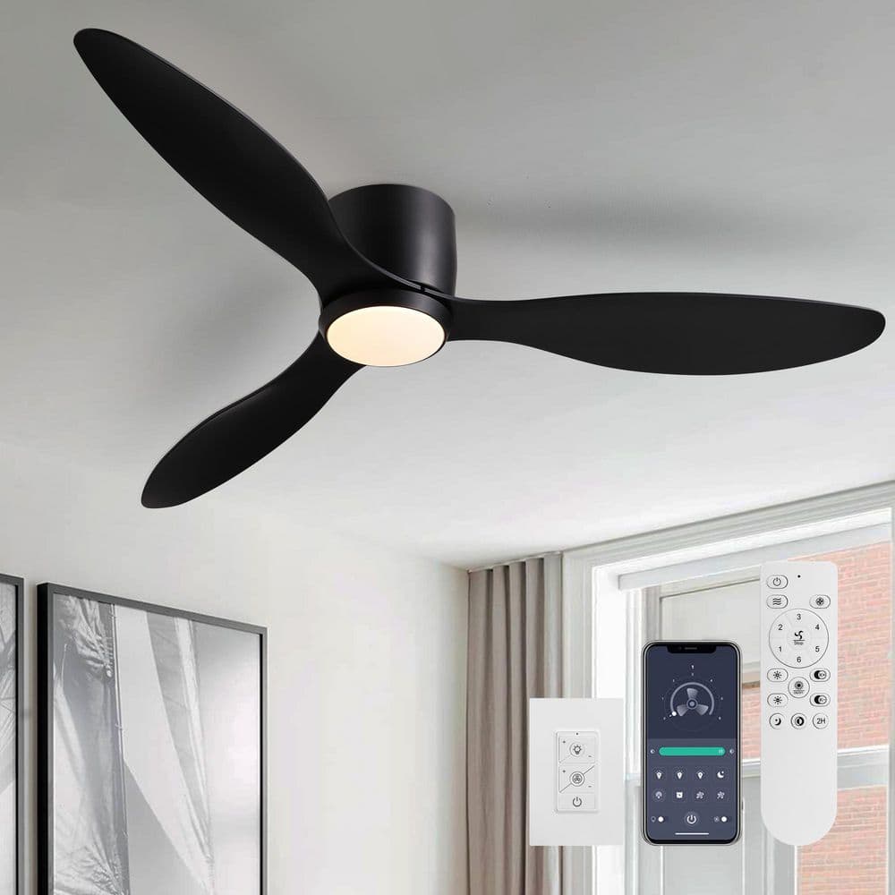 WDETR 52 in. Indoor Black Low Profile 3-Blades Ceiling Fans with Light ...