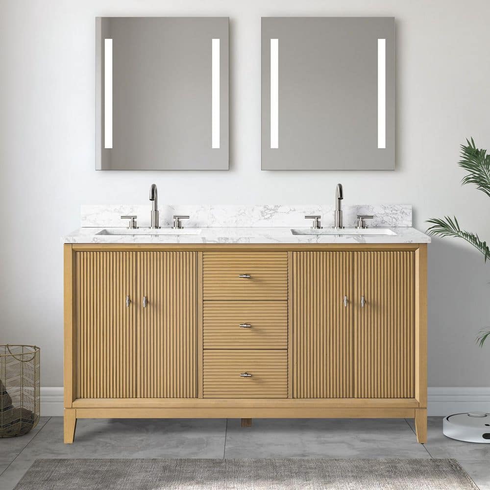 Vanity Art 60 in. W Double Sink Freestanding Natural Oak Bath Vanity Cabinet with Arabescato ...