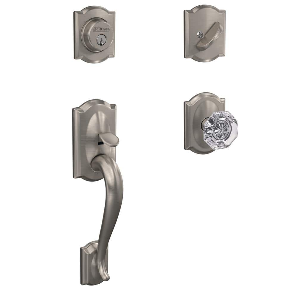 Schlage Custom Camelot Satin Nickel Single Cylinder Door Handleset with Alexandria Glass Door ...