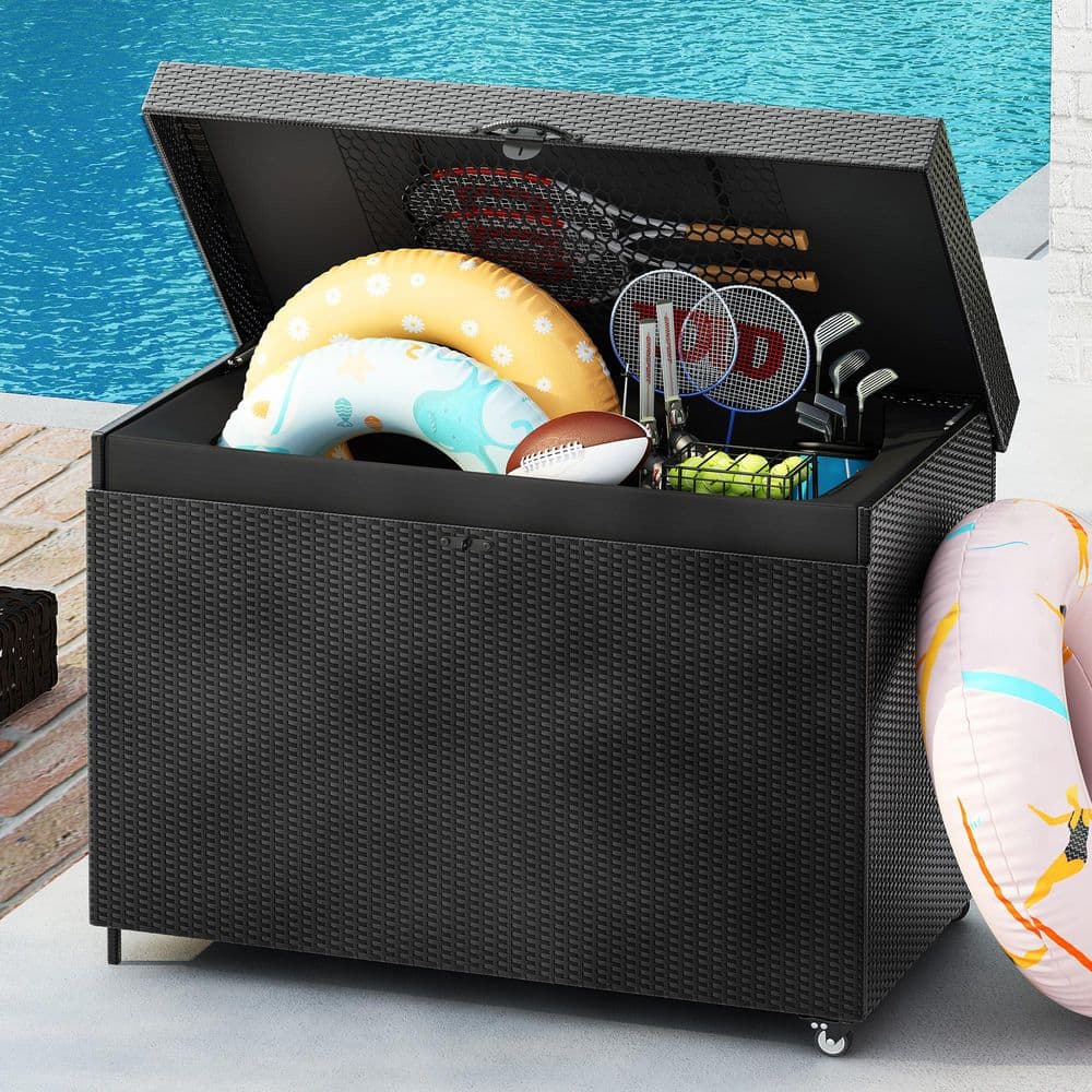 230 Gal. Black Wicker Deck Box, Outdoor Storage Box with Wheels and ...