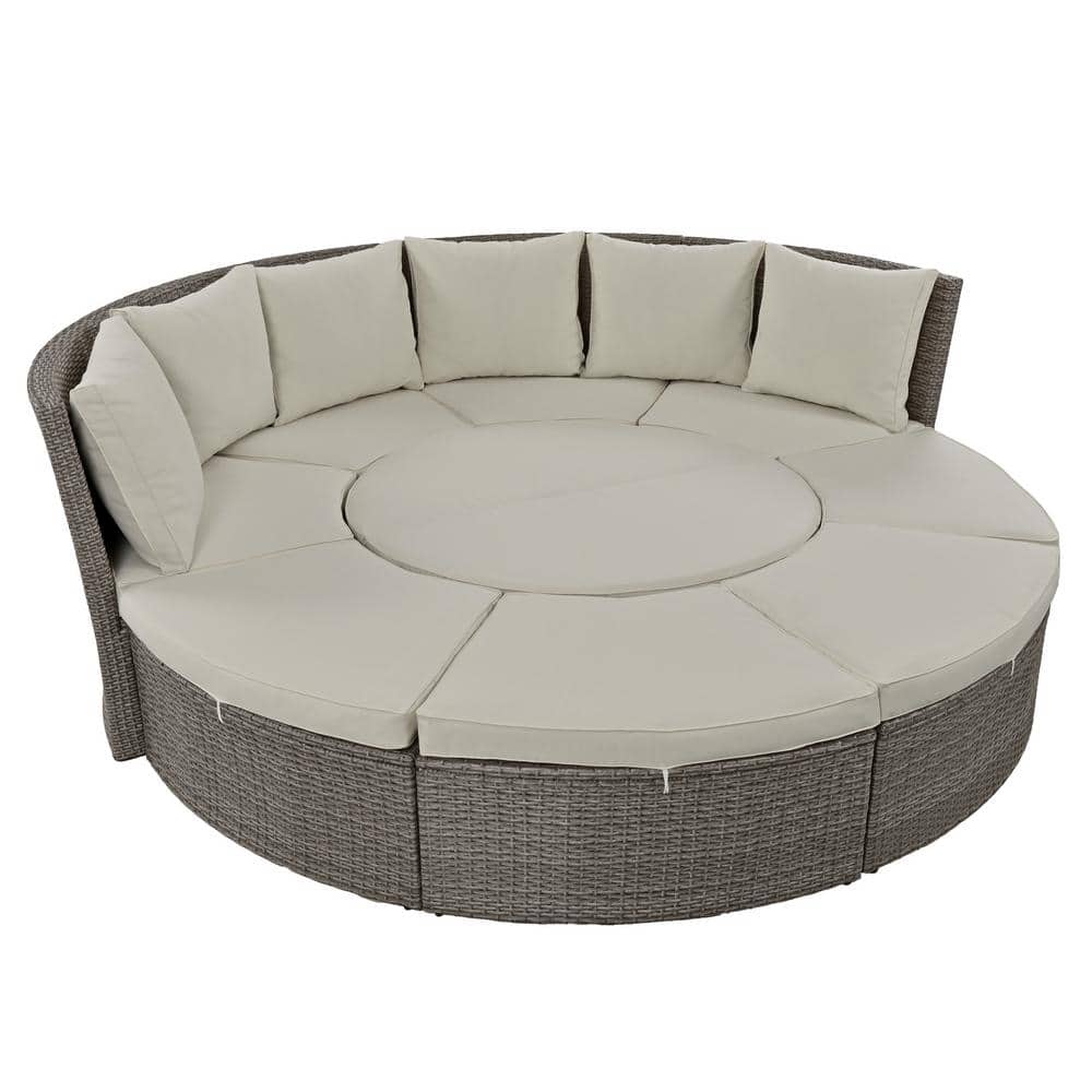 Zeus & Ruta 5-Piece Patio PE Wicker Outdoor Round Sunbed Day Bed with ...