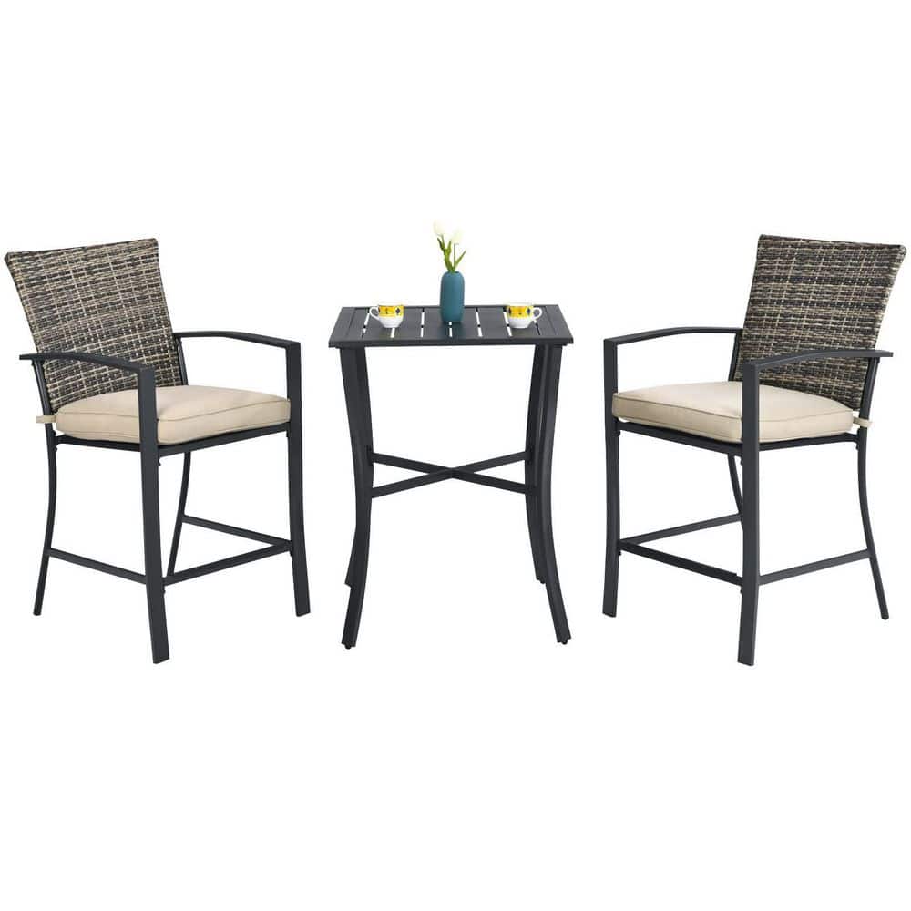 Alpulon 3-Piece Wicker Outdoor Bistro Set with Beige Cushions ZY1C0414 ...