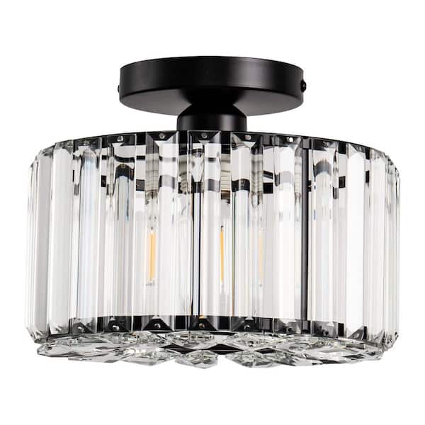 Emeritpro 9.8 in. 1-Light Black Drum Clear Semi-Flush Mount Lighting ...