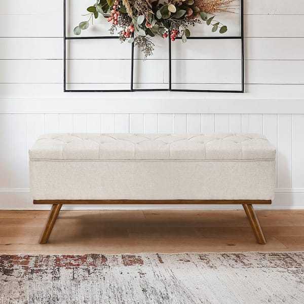LUE BONA Pero Linen Fabric Upholstered Storage Bench Ottoman with Wood Frame Button Tufted End of Bedroom Bench PL LINEN 1