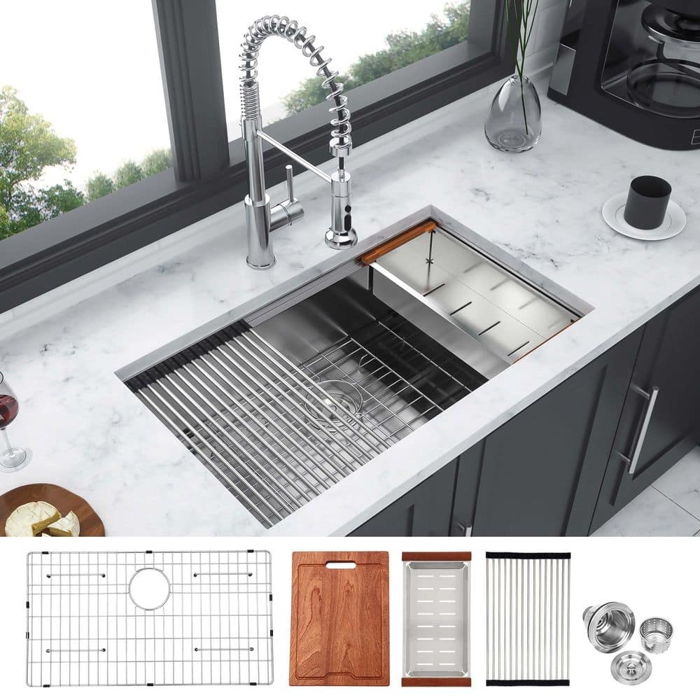 MEDUNJESS Lindra 32 in. L x 19 in. W Undermount Single Bowl Stainless Steel Kitchen Sink with ...