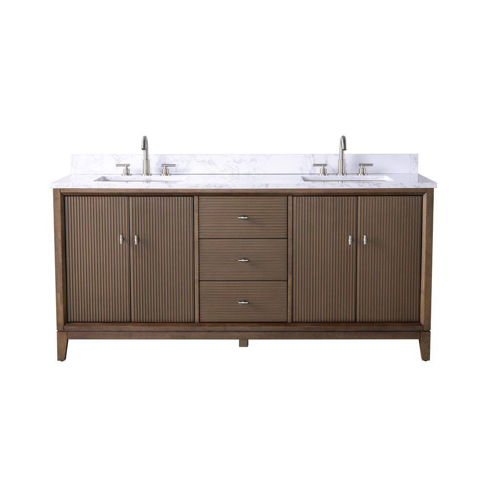 Vanity Art 72 in. W Double Sink Freestanding Walnut Bath Vanity Cabinet with Arabescato White ...