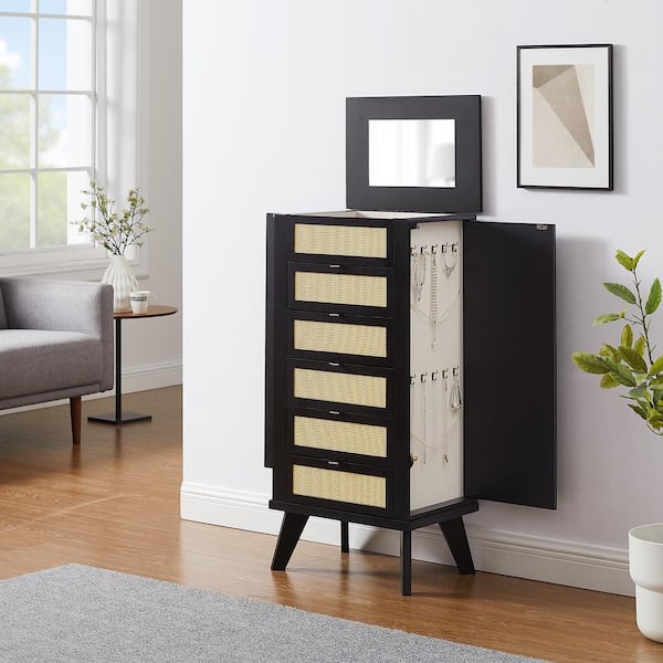Linon Home Decor Bethea Black Wood and Cane Free Standing 19.63 in. W Jewelry Armoire with Flip Top and Drawers THD05112