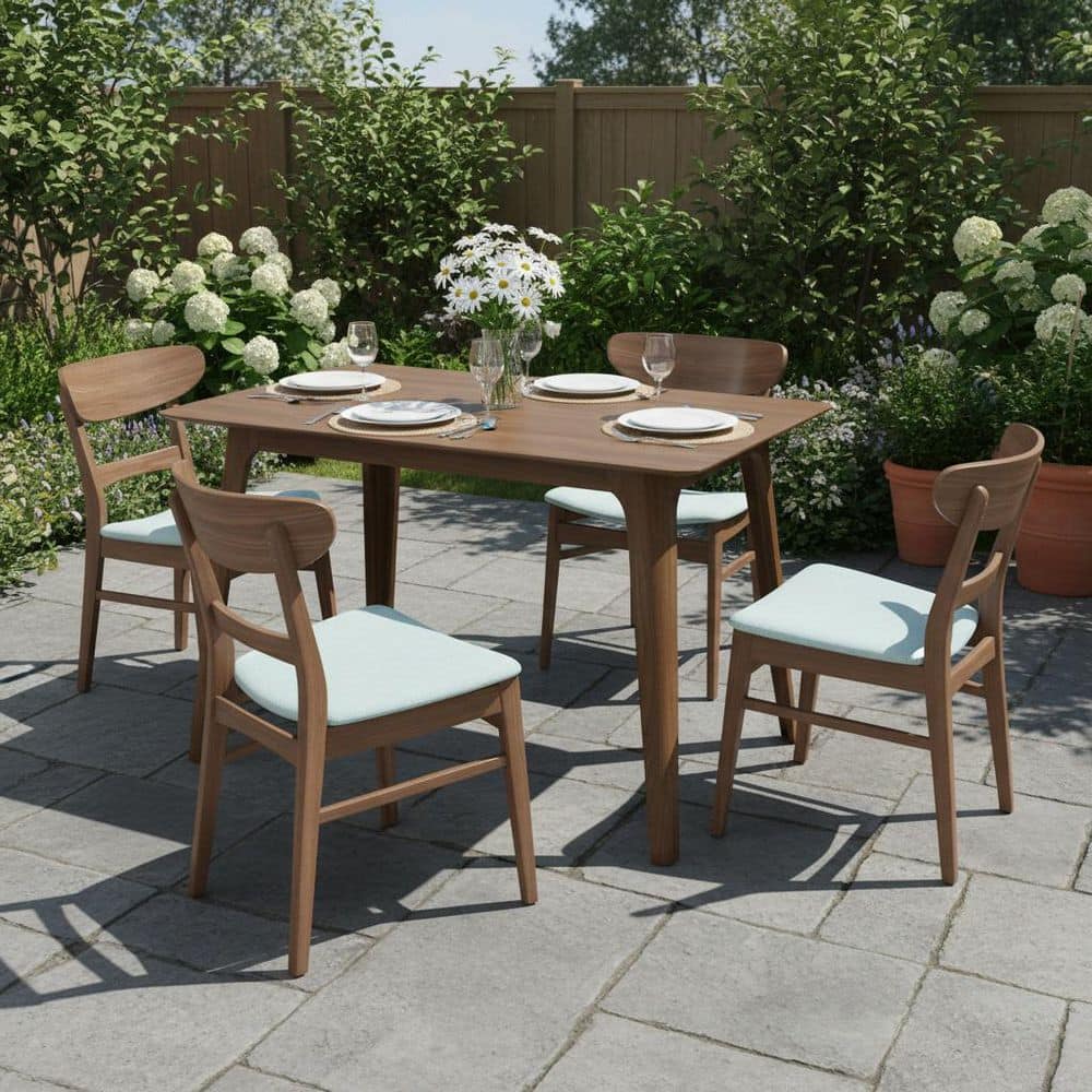 5-Piece Brown Wood Outdoor Dining Set with One Table and 4 Upholstered ...