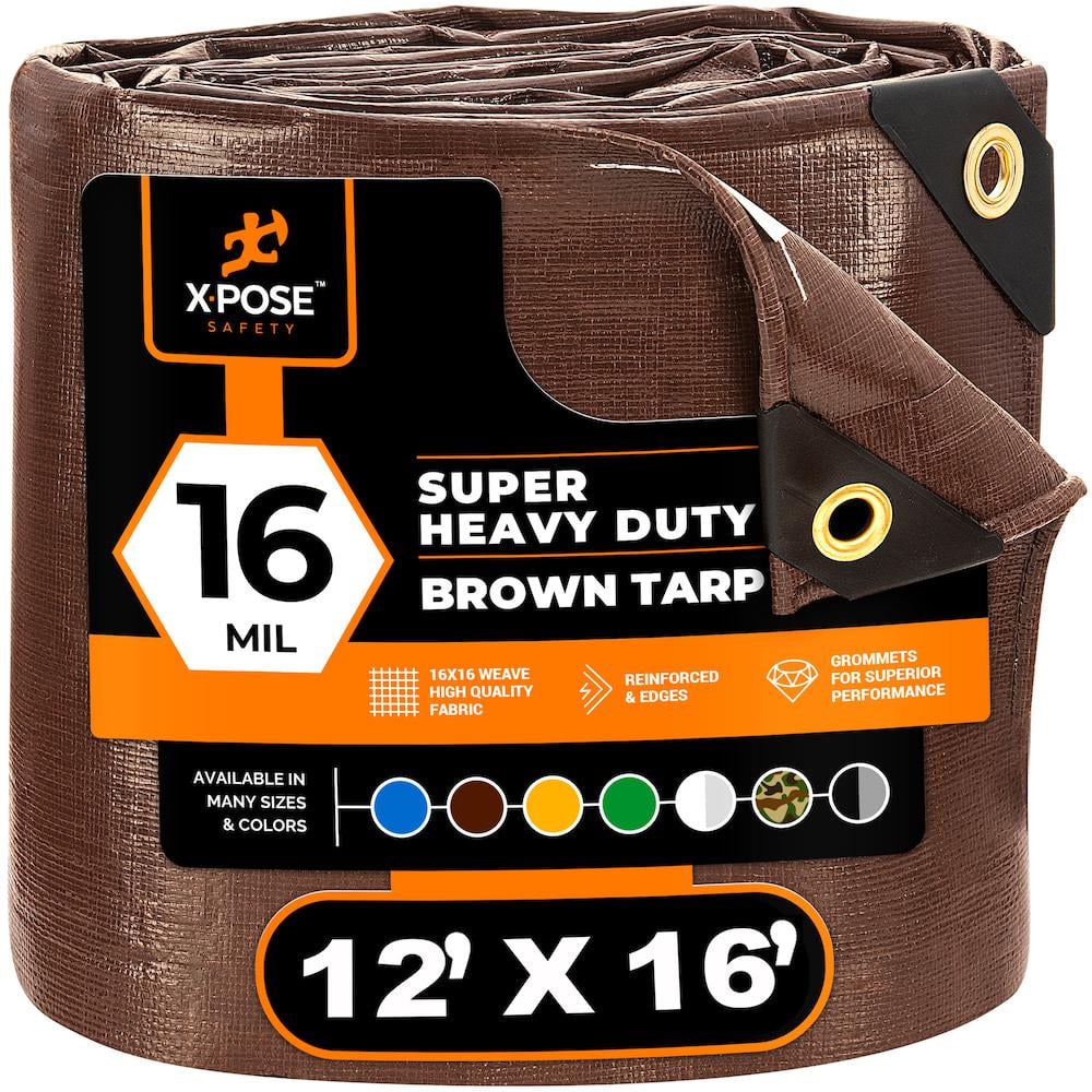 XPOSE SAFETY 16 mil 12 ft. W x 16 ft. L Brown Super Heavy Duty Tarp BHD ...