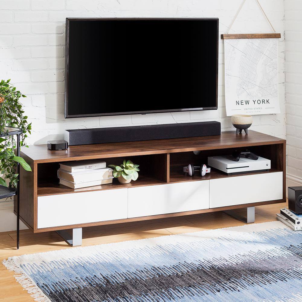Welwick Designs 60 in. Dark Walnut Composite TV Stand with 3 Drawer ...