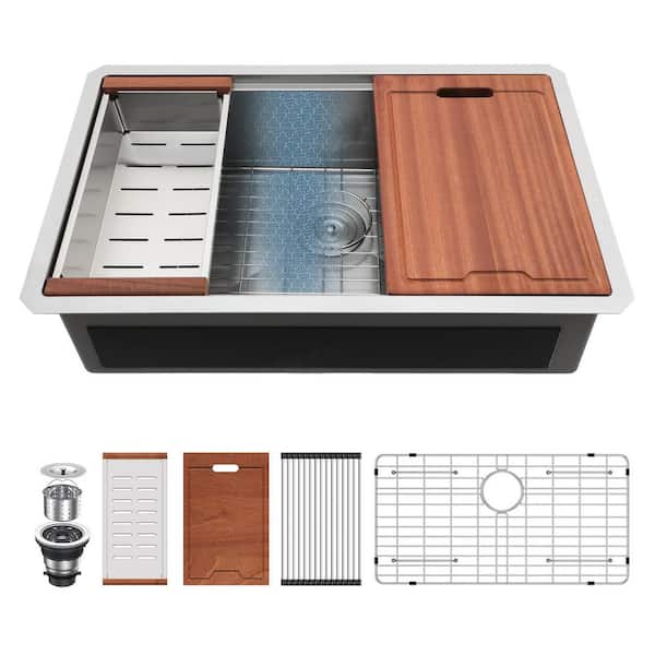 LORDEAR 30 x 19 in.Undermount 16-Gauge Stainless Steel Single Bowl Workstation Kitchen Sink with ...