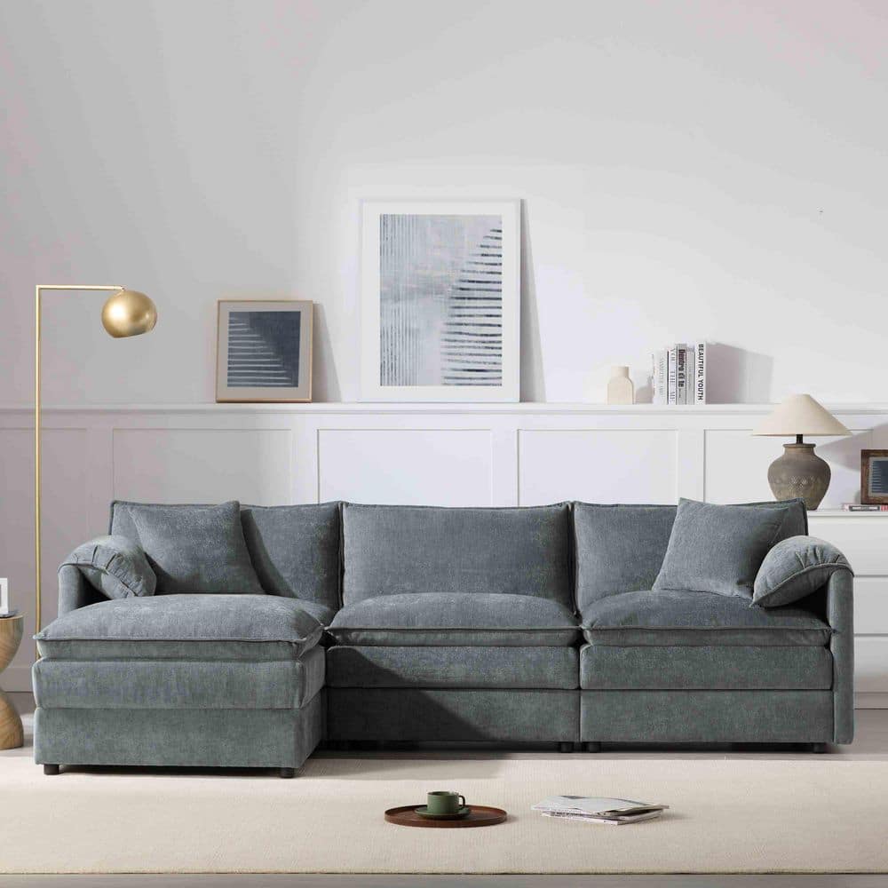 Polibi 103 in. Square Arm Chenille L-Shaped Sofa with Ottoman in Dark ...