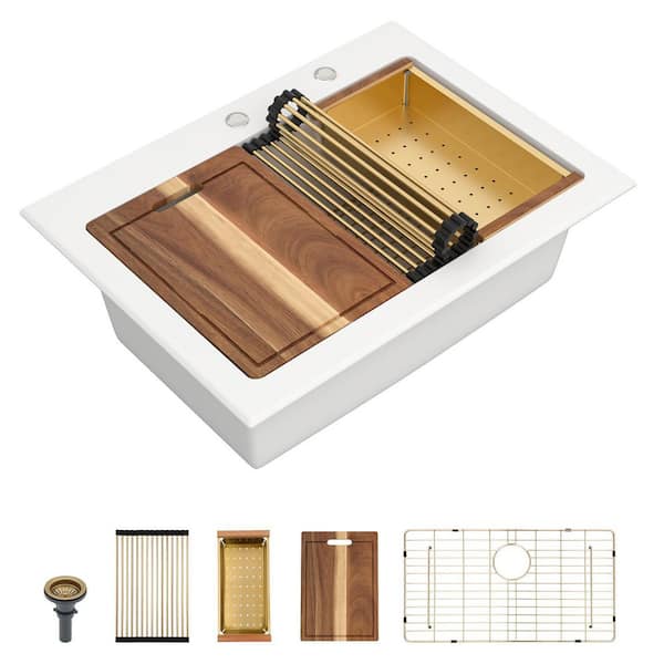 Dcolora 30" Matte White Drop-In Granite Composite Kitchen Sink, Angled ...