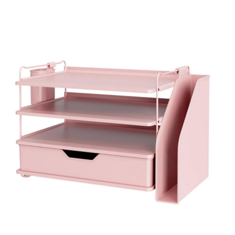 Pink 13.3 in. x 10.8 in. Plastic 4-Tier Desk Organizer with Drawer and ...