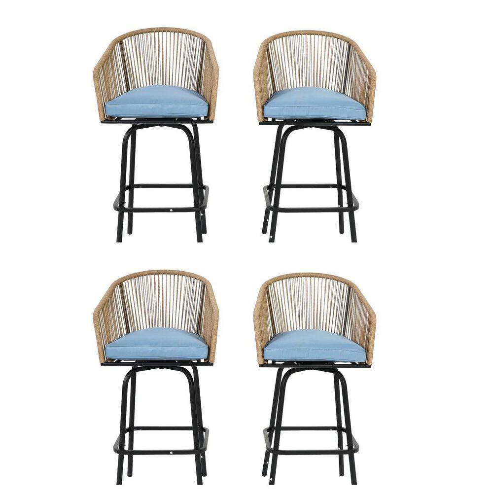 4-Piece All Weather Metal Outdoor Bar Stool with Blue Cushions, Light ...