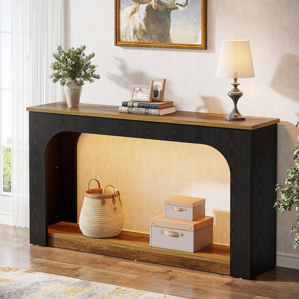 BYBLIGHT 55 in. Black Rectangle Wood Console Table with LED Lights ...