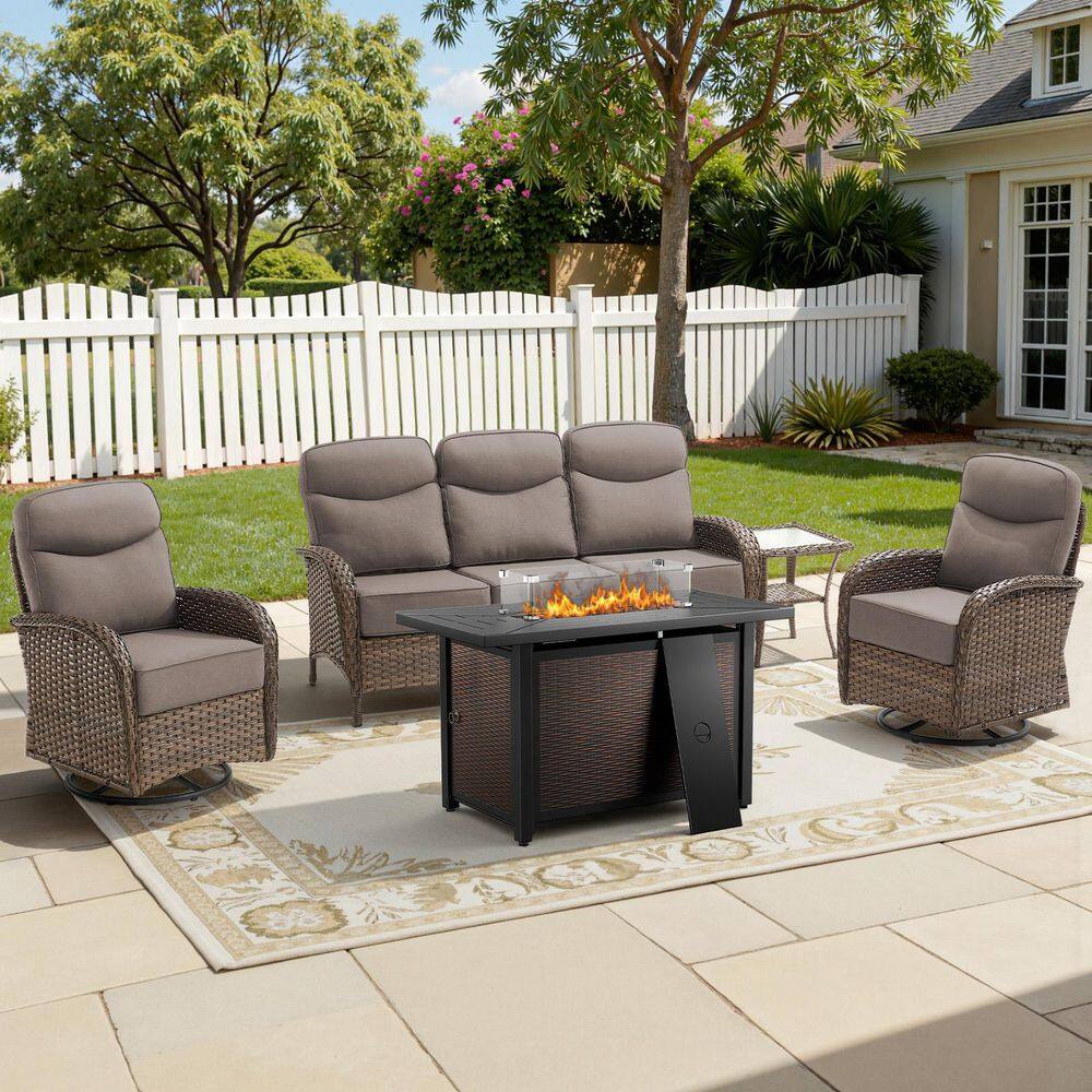 Pocassy High Crescent 5-Piece Brown Wicker Patio Conversation Set with ...