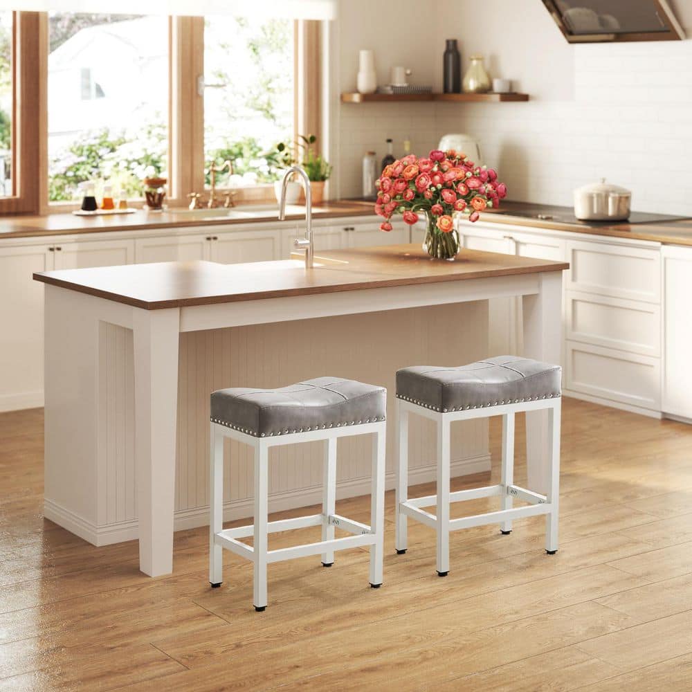 WONDER COMFORT 24 in. H Gray Upholated PU Leather Thick Saddle Seat Counter Bar Stools Set of 2 ...