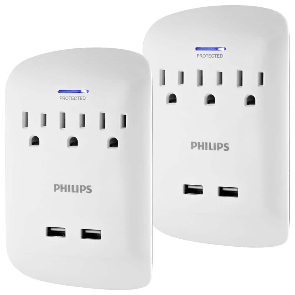Philips 3-Outlet 900J Surge Protector with 2 USB Ports Wall Adapter Tap ...