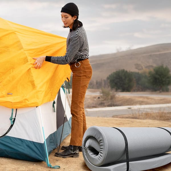 75 Portable High Density Memory Foam Foldable Camping Mattress in Gray w Water Resistant Cover for Outdoor Activities